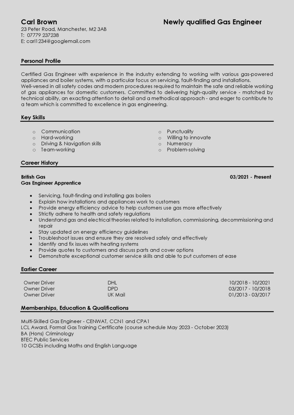Gas Engineer CV - My Professional CV