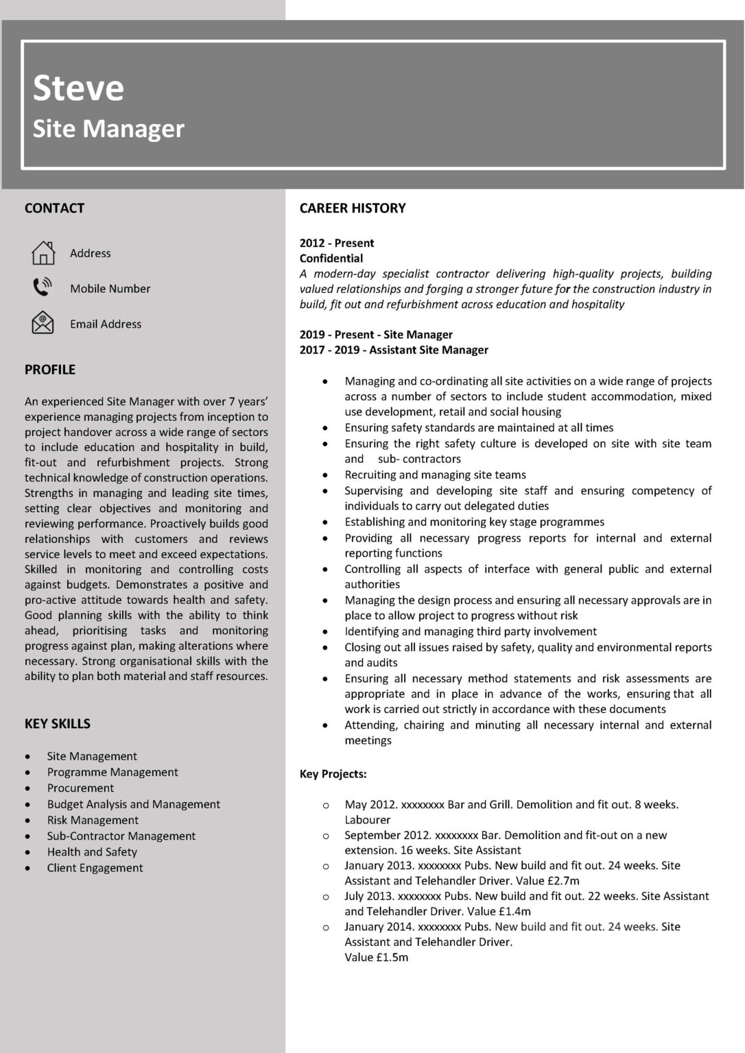 Site Manager CV - My Professional CV