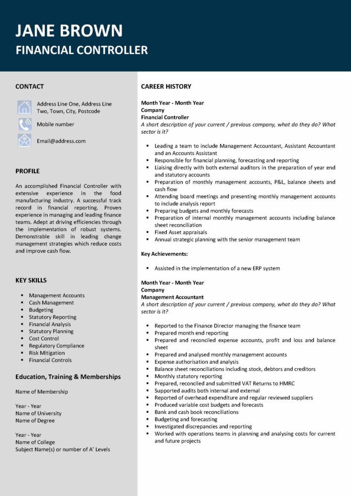 Financial Controller CV Template - My Professional CV