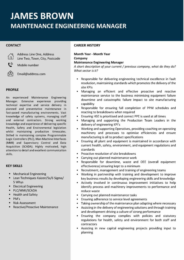 Maintenance Manager CV Template - My Professional CV