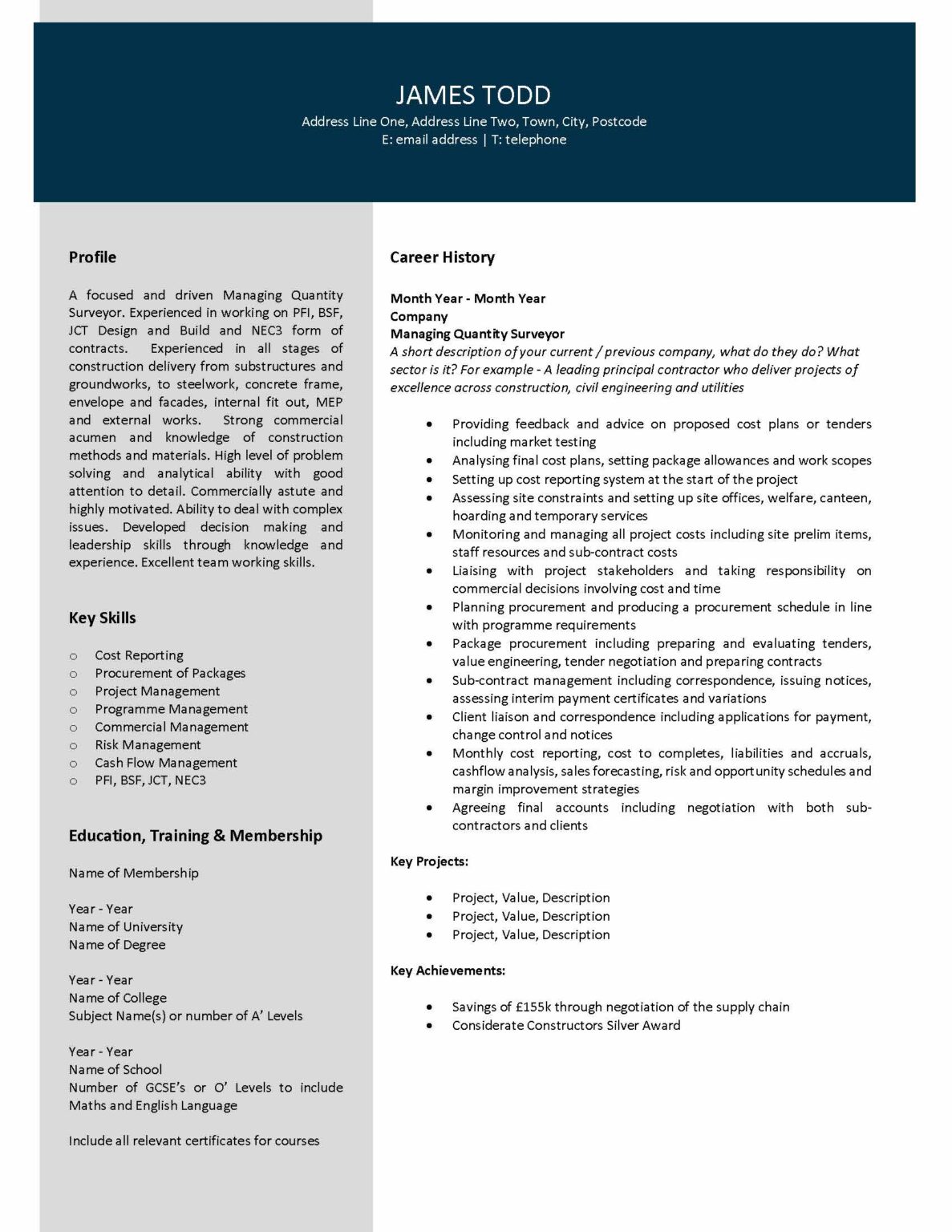 Managing Quantity Surveyor CV Template - My Professional CV
