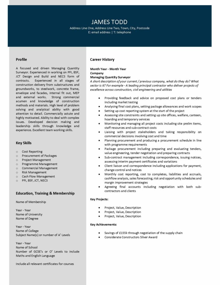 Managing Quantity Surveyor CV Template - My Professional CV