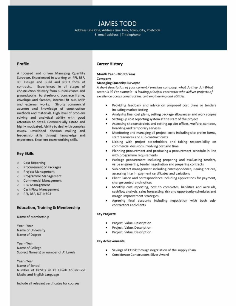 Managing Quantity Surveyor CV Template - My Professional CV