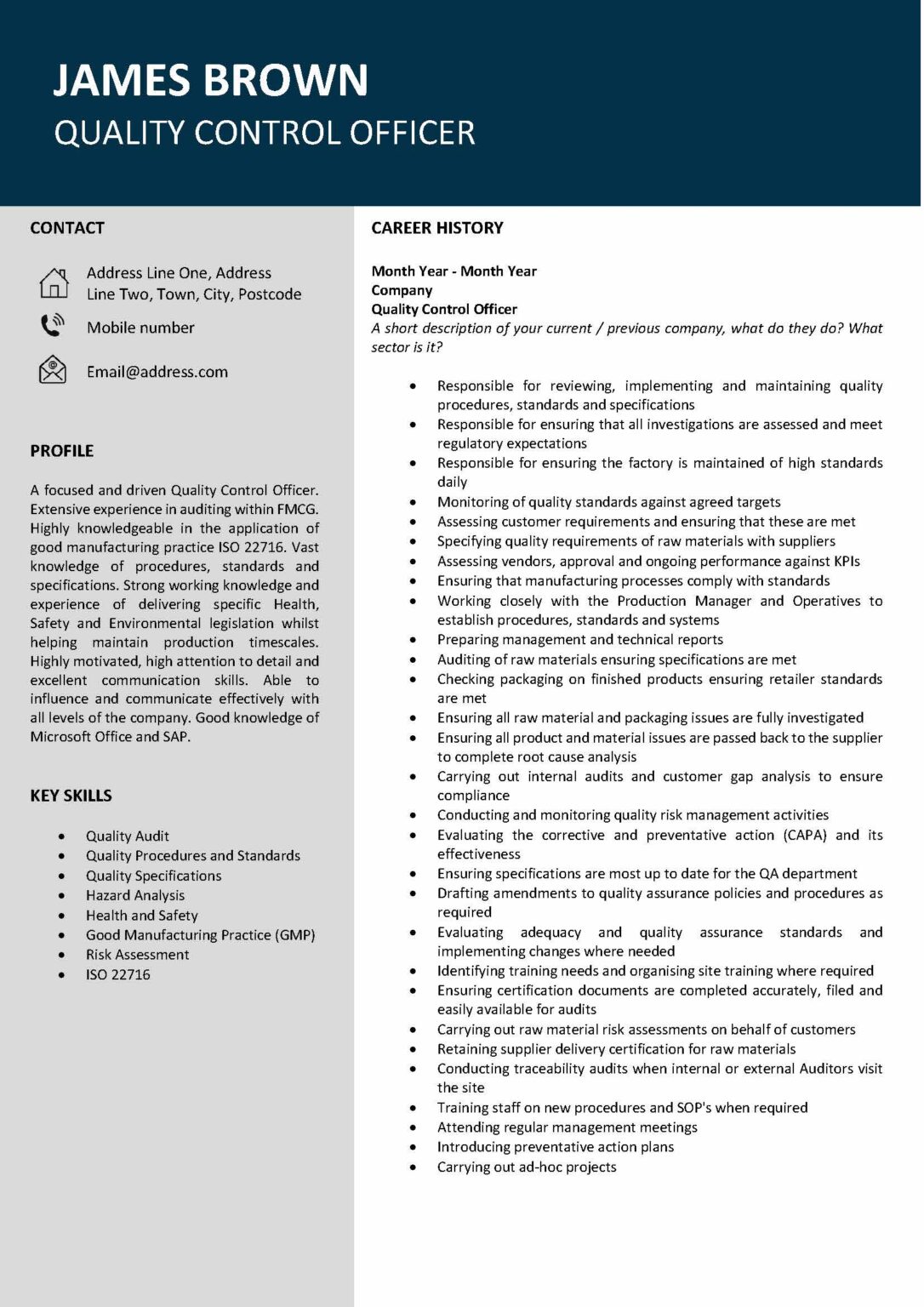 Quality Control CV Template - My Professional CV