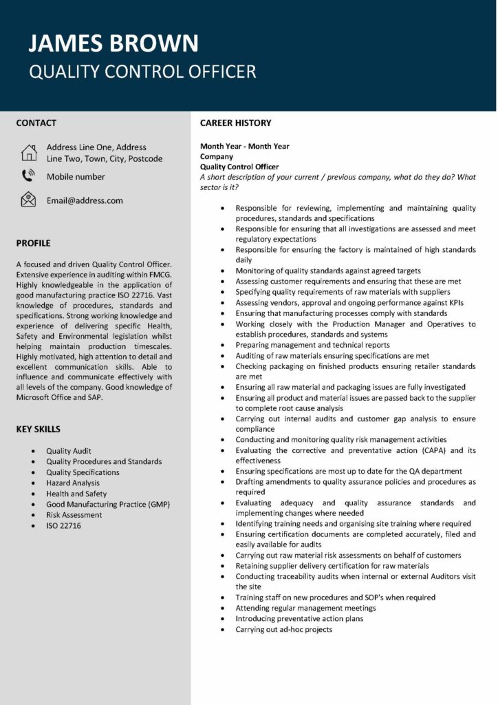 Quality Control CV Template - My Professional CV