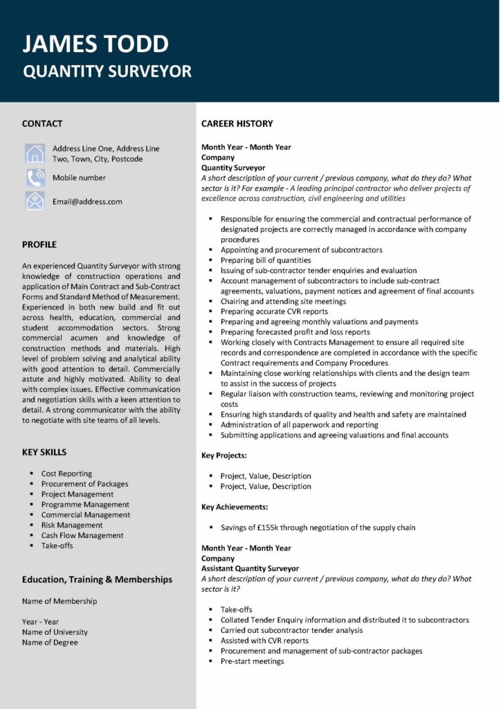 Quantity Surveyor CV Template - My Professional CV