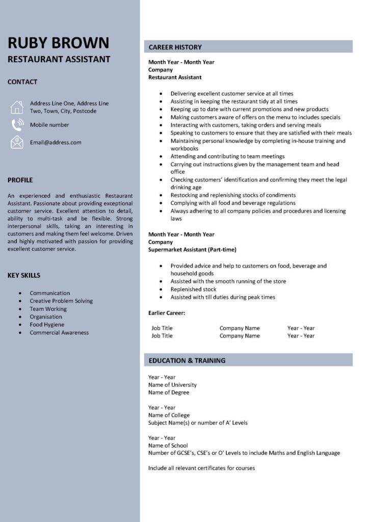 Restaurant Assistant CV Template - My Professional CV